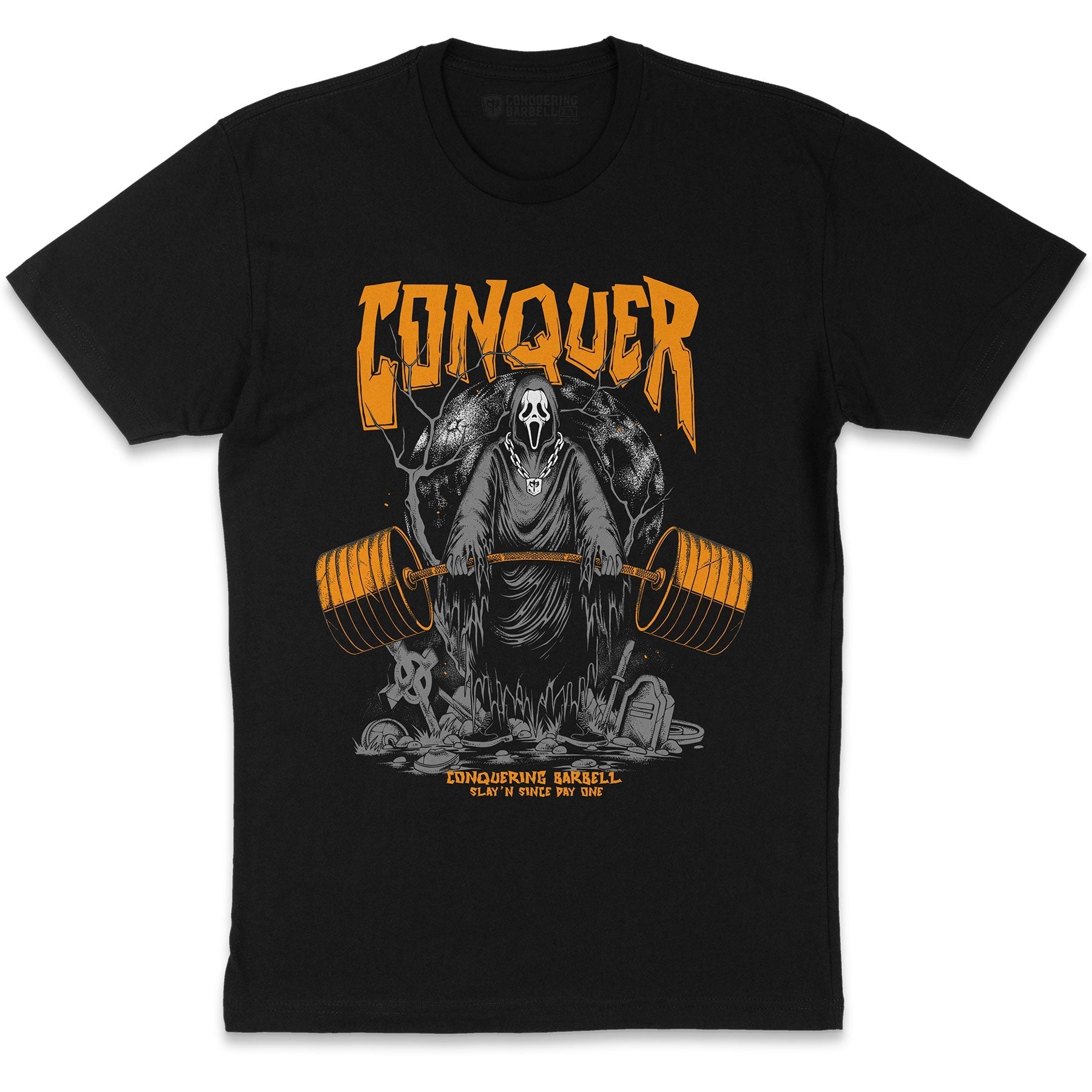 Conquer - Scream - on Black Tee - Conquering Barbell